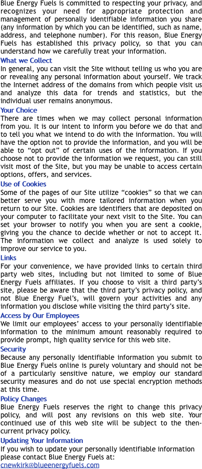 Blue Energy Fuels I Privacy Policy